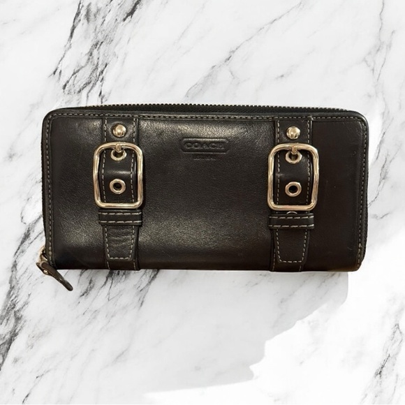 Coach | Bags | Coach Vintage Zoe Buckle Black Leather Zip Wallet With ...